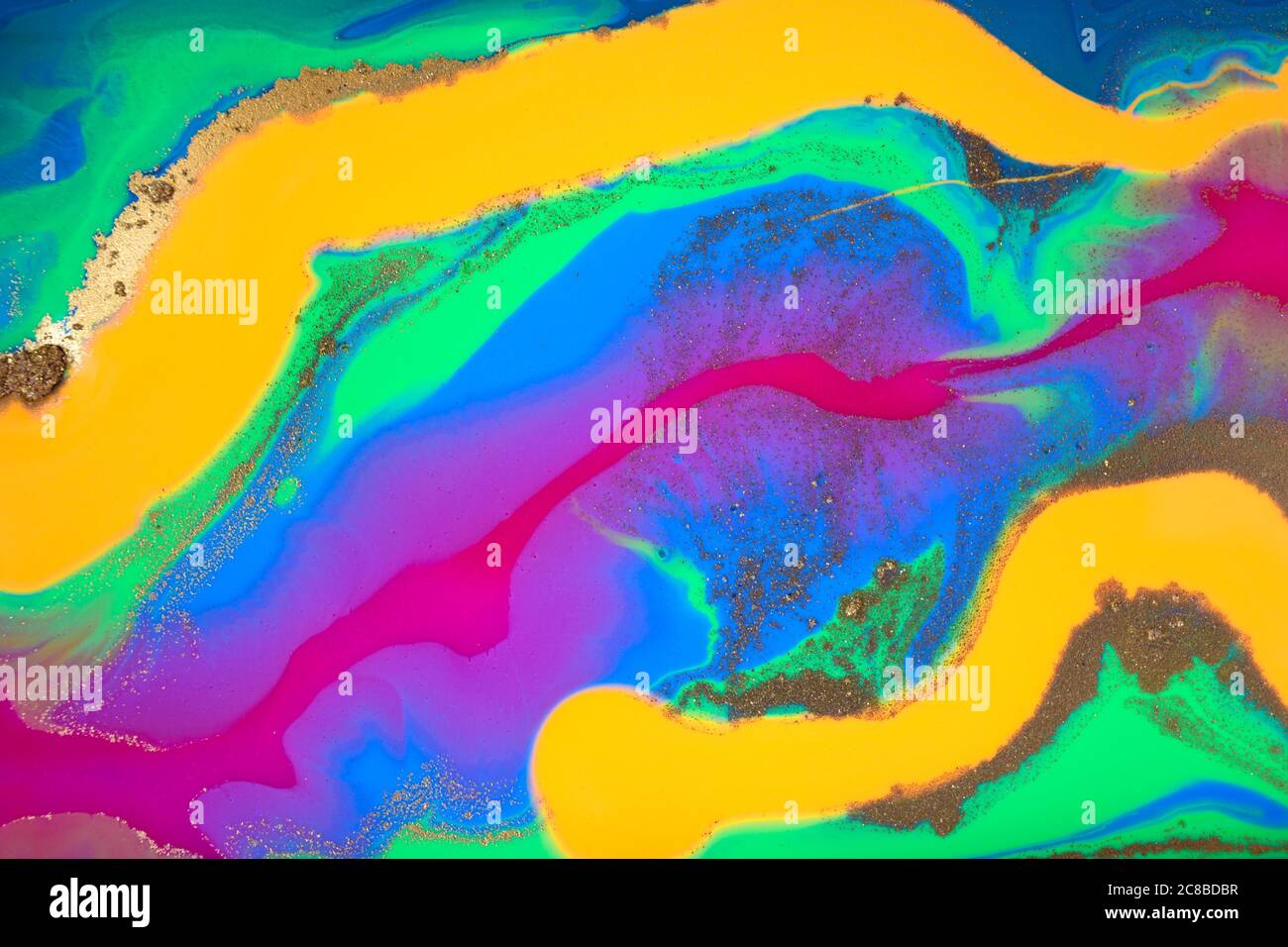 Liquid yellow, purple and blue abstract strips texture. Smudges of ...