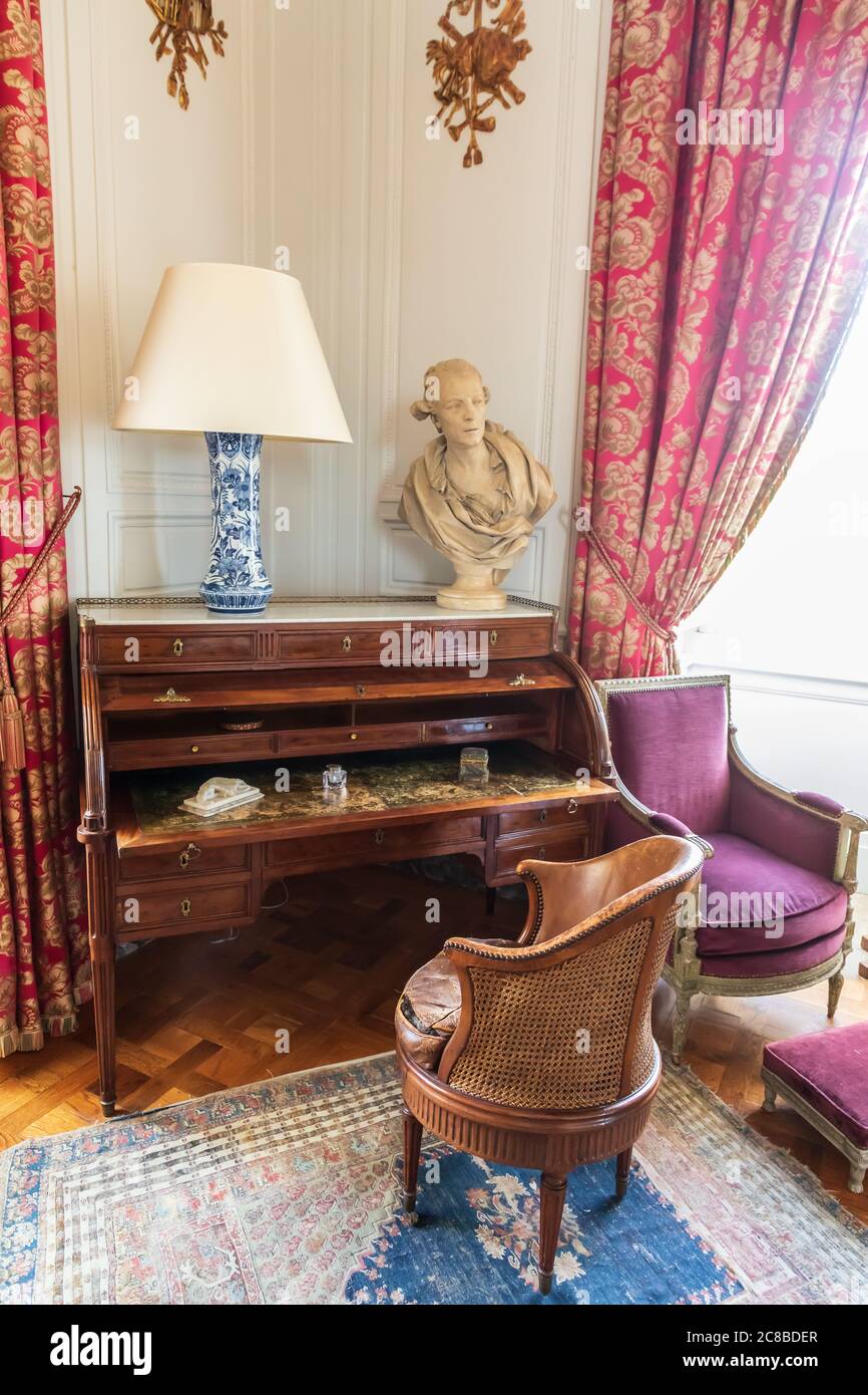 Europe, France, Dordogne, Hautefort. Sept. 6, 2019. A desk in a bedroom ...