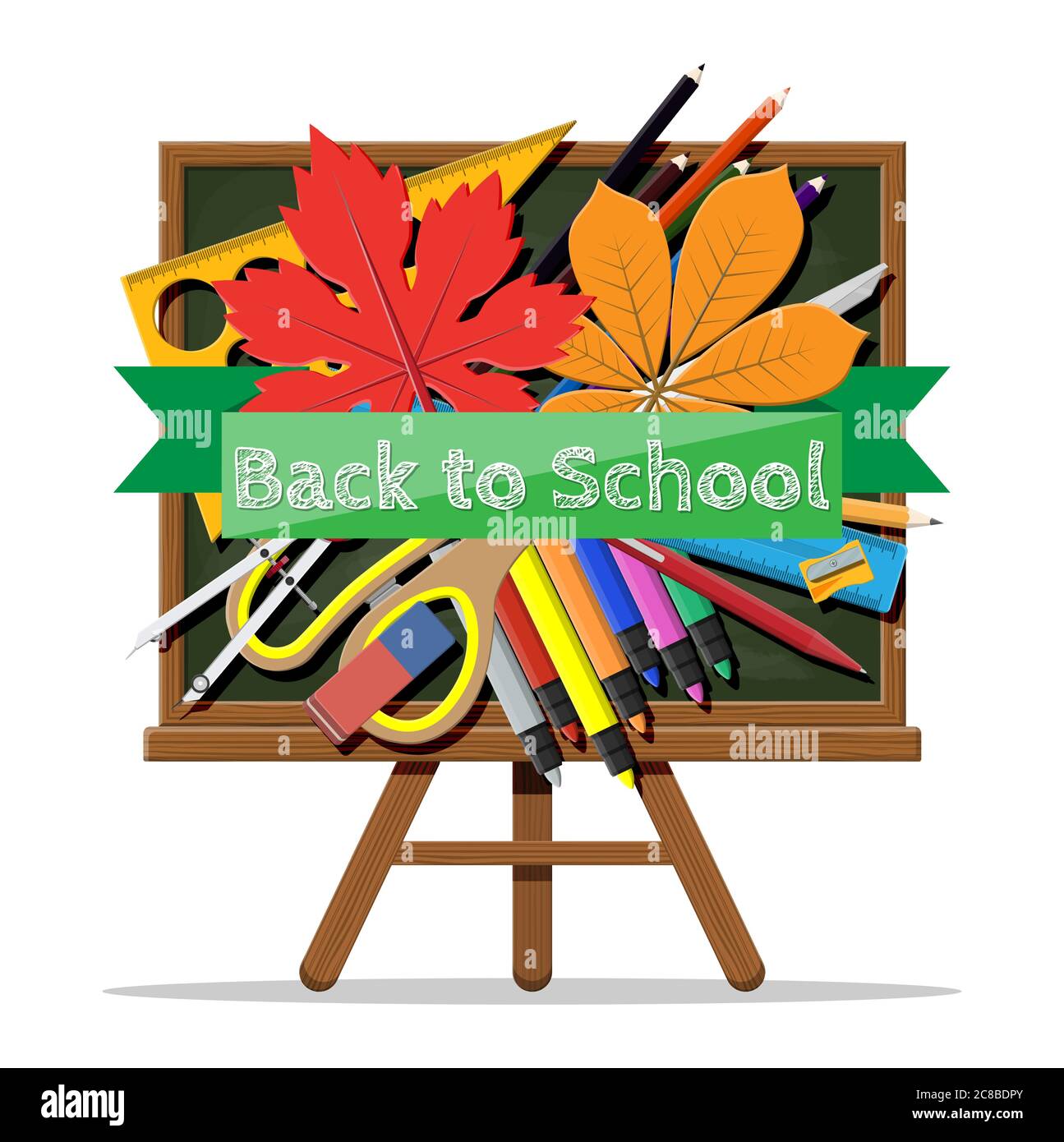 Green chalkboard. Ruler pen pencil scissors books sharpener eraser ...