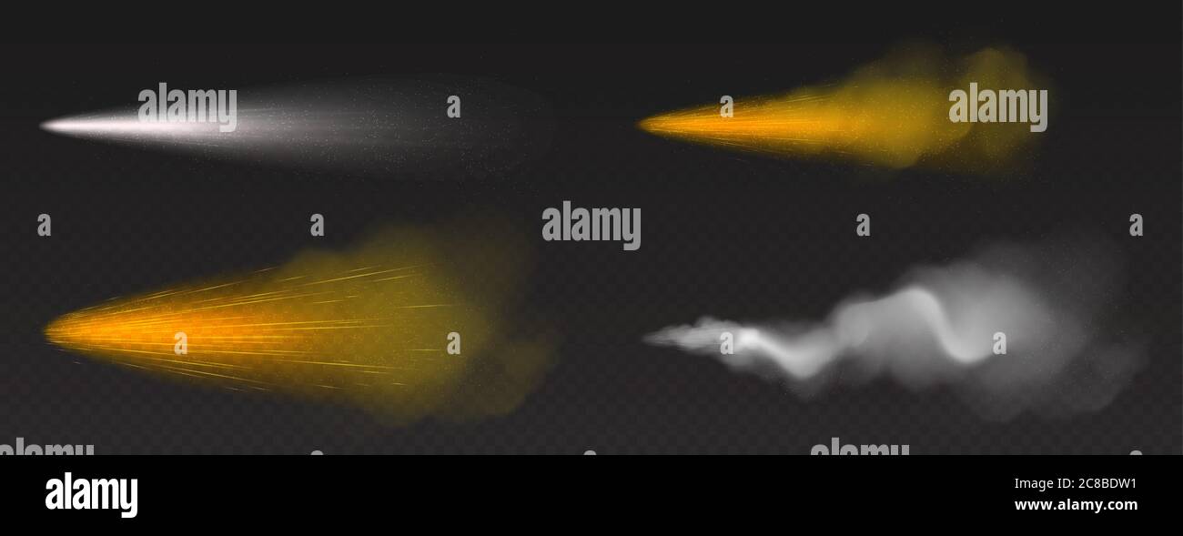 Dust spray, gold and white smoke, powder or water drops trail with ...
