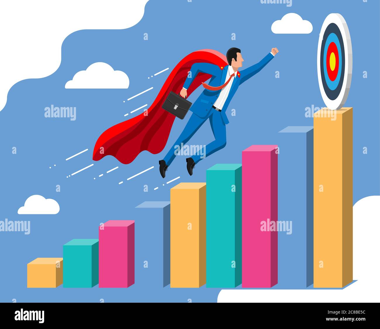 Super businessman with briefcase goes to target goal. Business man look ...