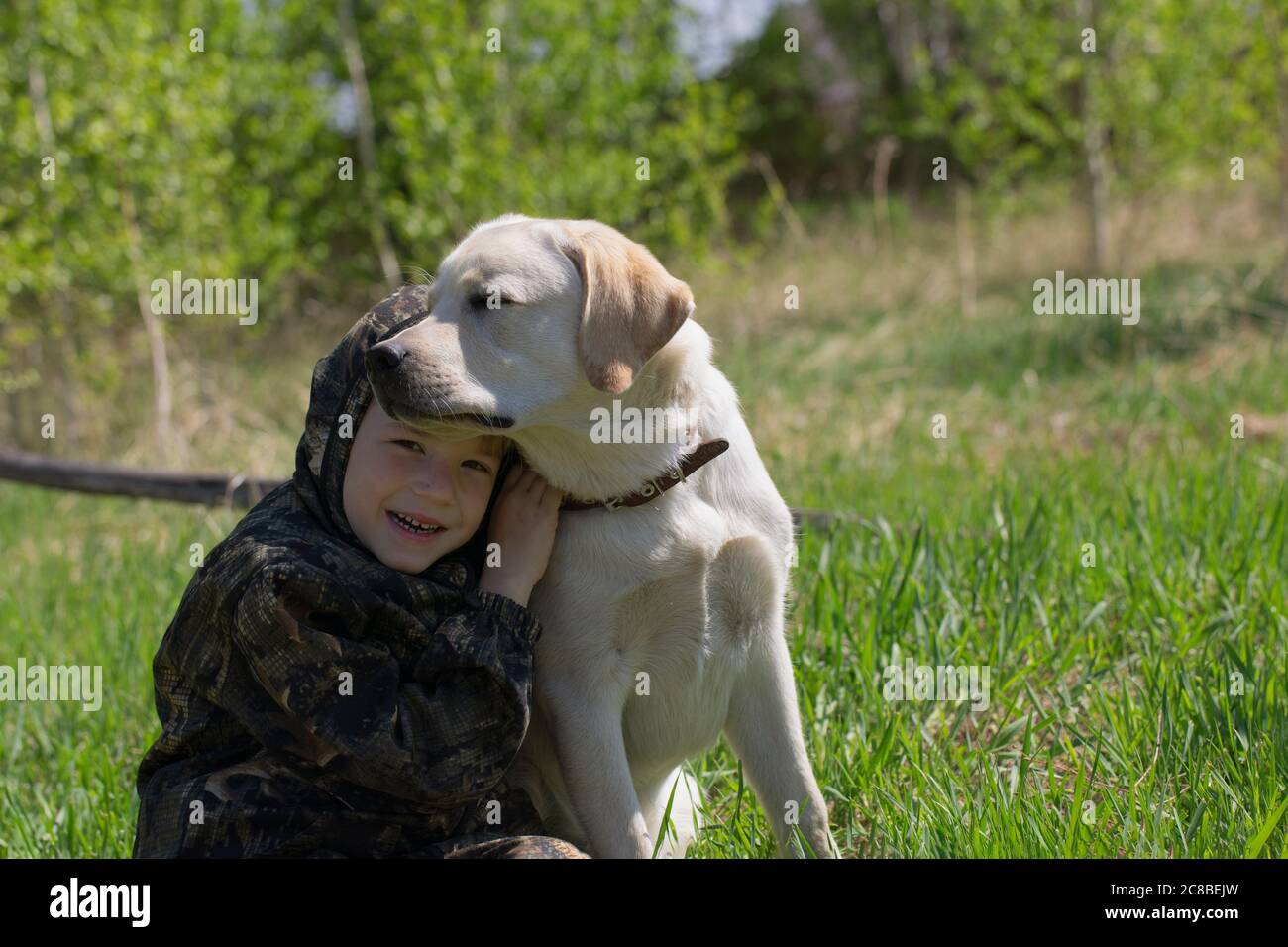 Happy smiling little boy hugs large pet dog. trust and love of man for ...