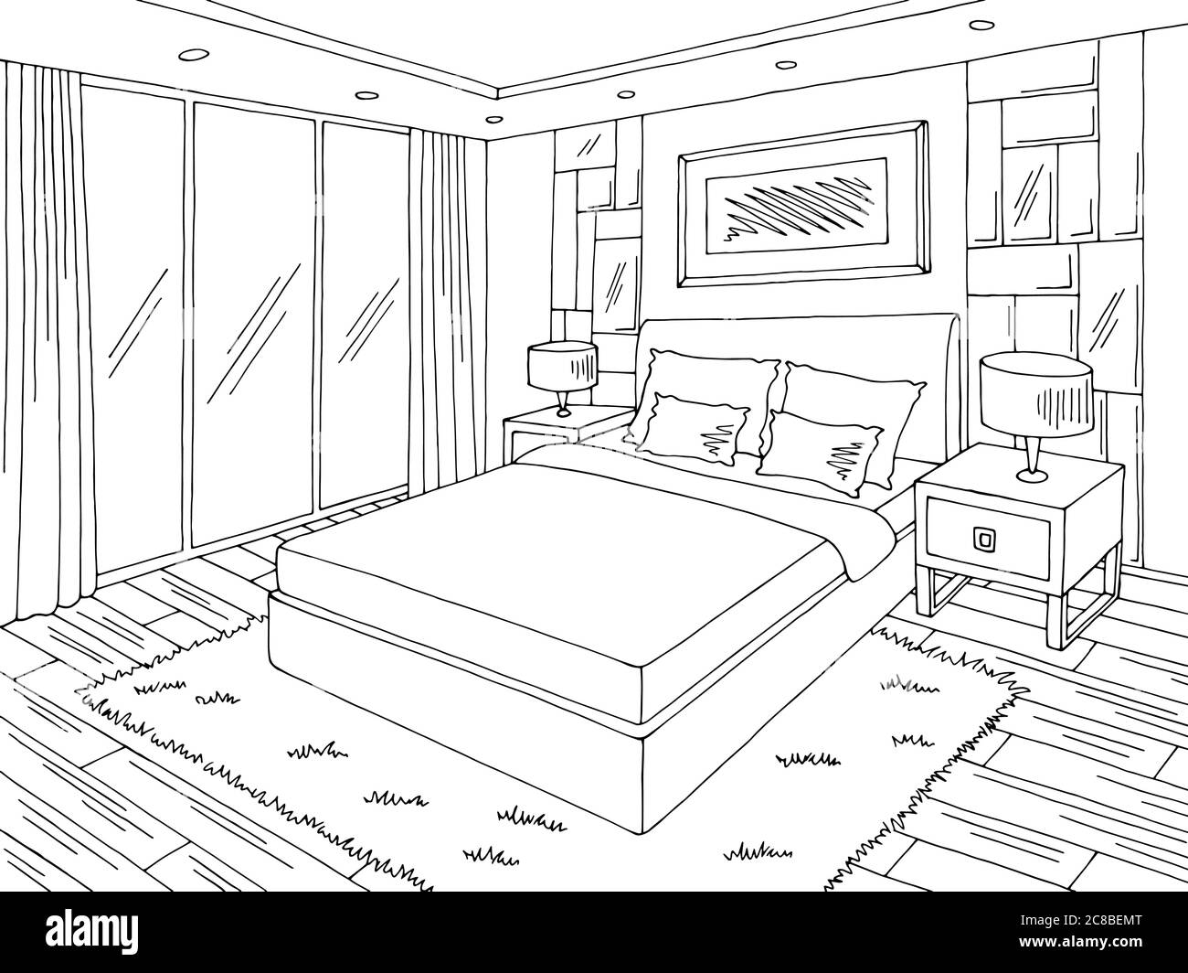 Bedroom graphic black white home interior sketch illustration vector ...