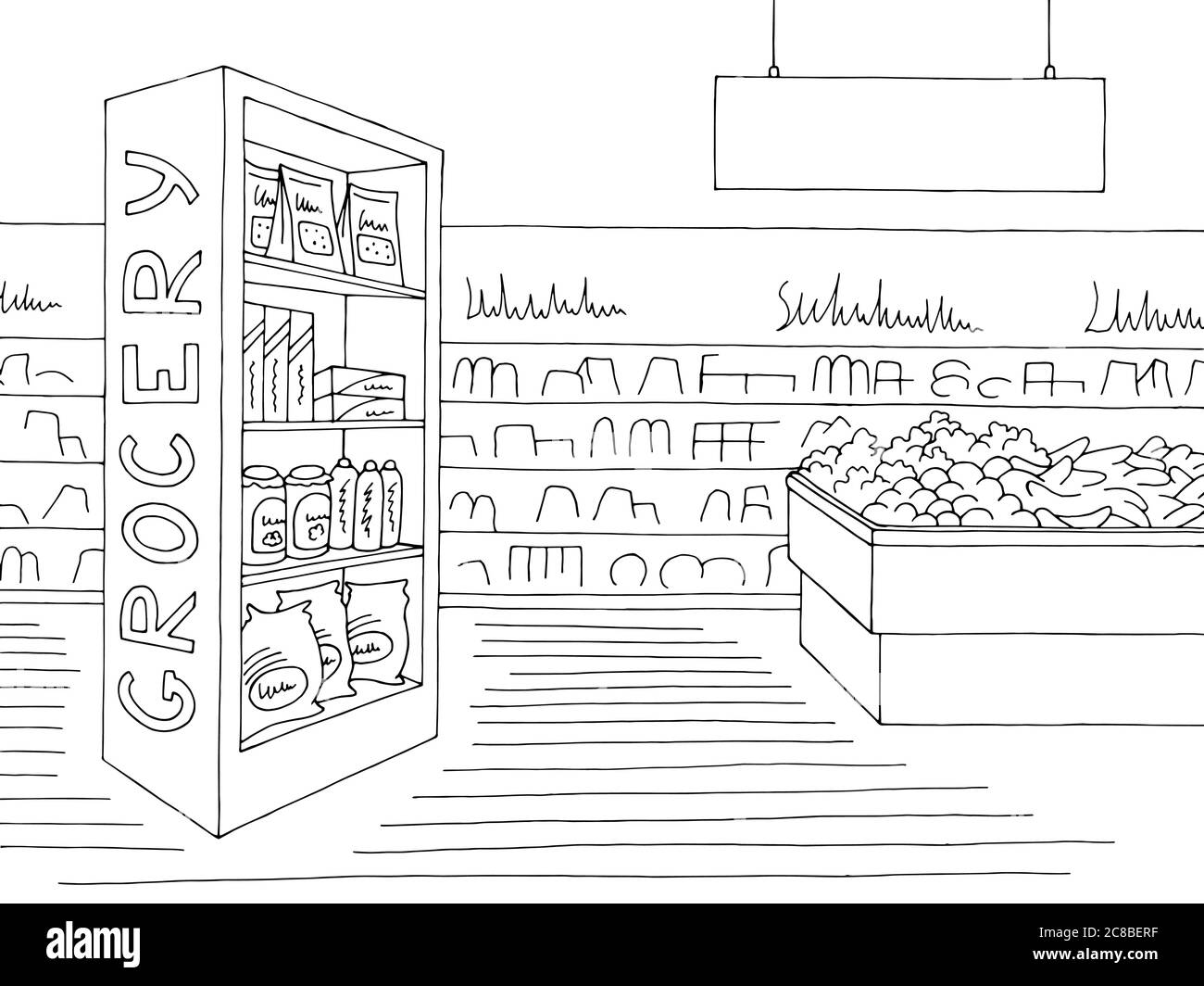 Grocery store shop interior black white graphic sketch illustration ...