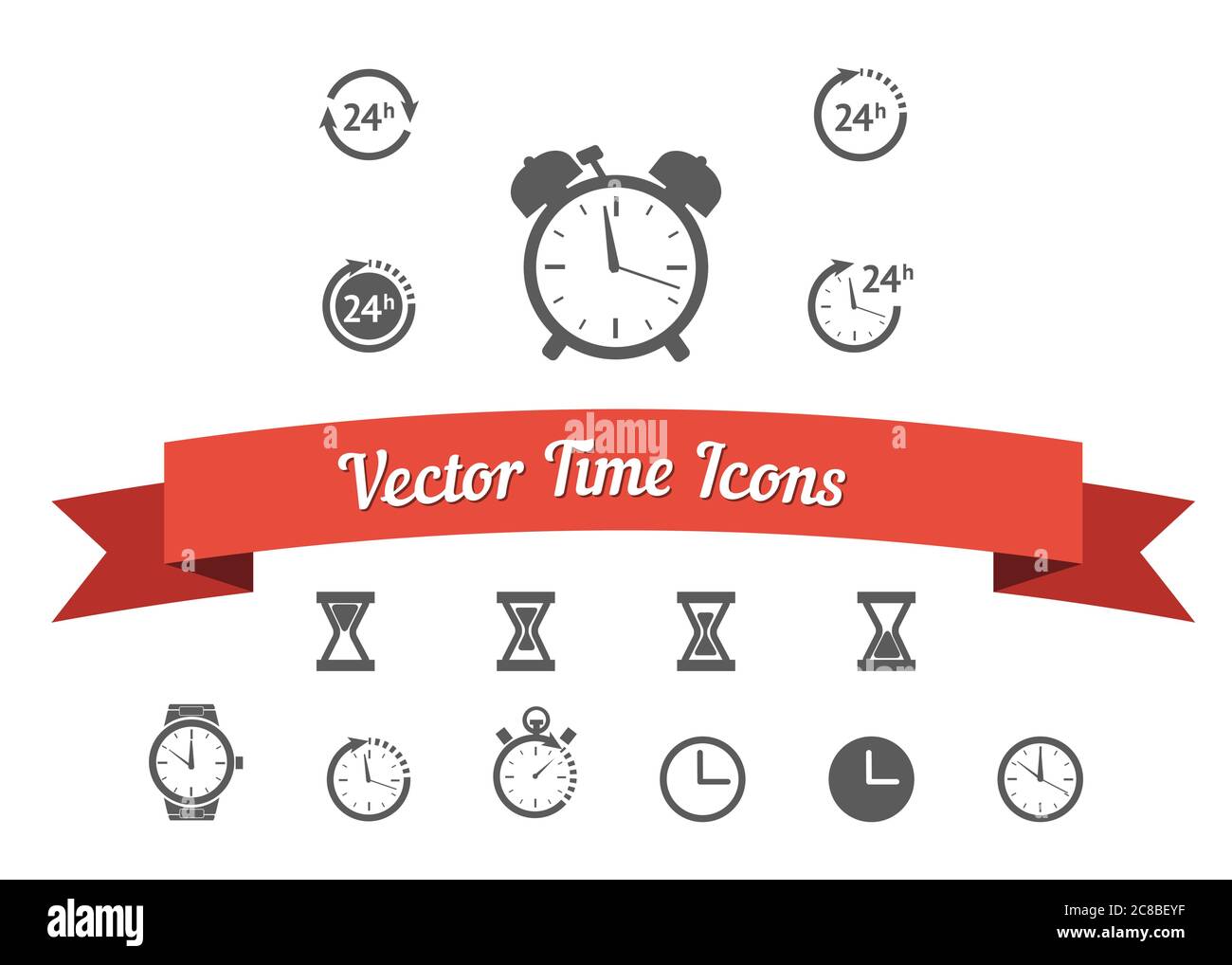 Vector time clock icons set isolated on white background with red ribbon Stock Vector Image ...