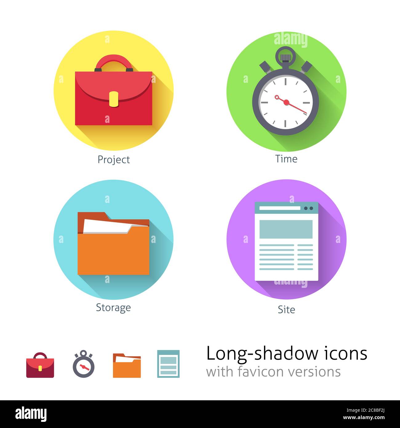 Flat office management icons set on circle background. Business project ...