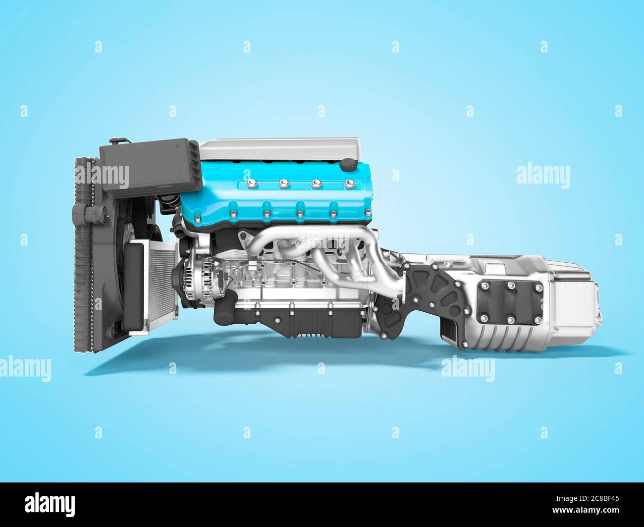 Blue engine for car assembly with gearbox rear view 3D render on blue ...