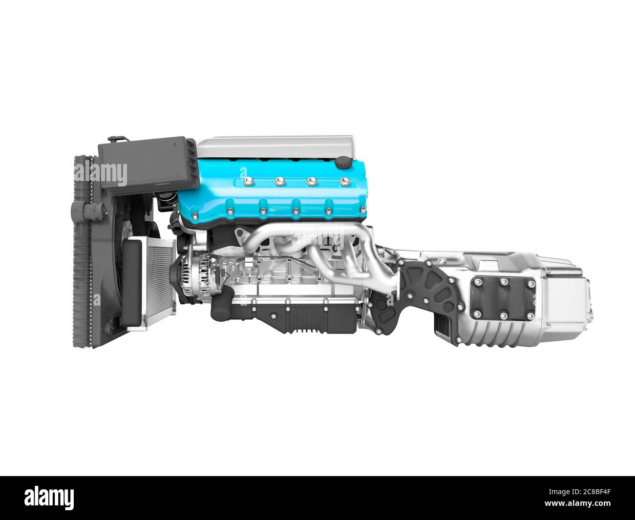 Blue engine for car assembly with gearbox rear view 3D render on white ...