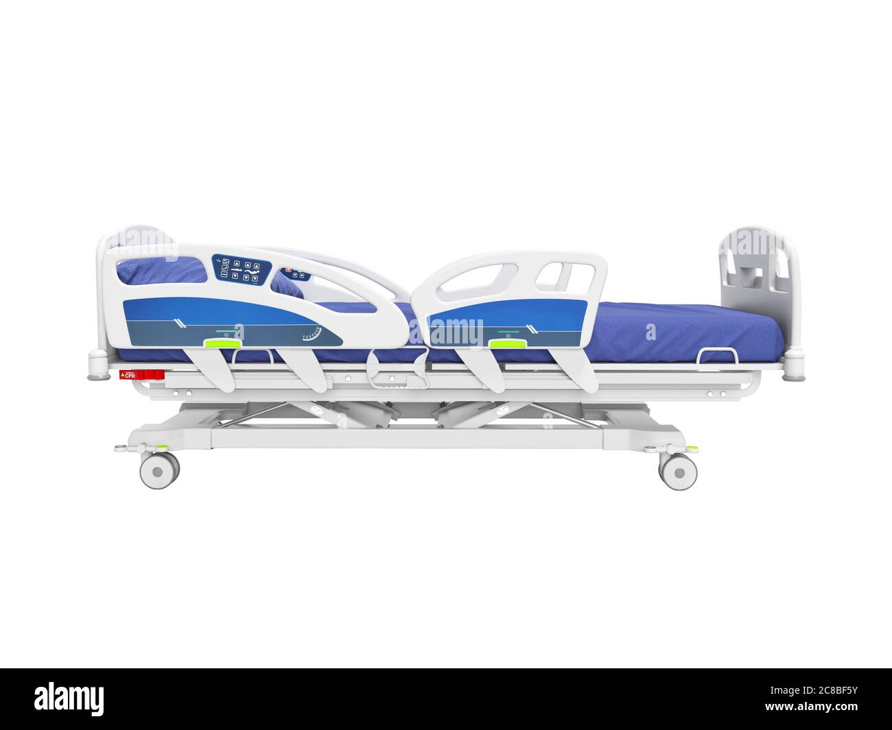 Blue hospital bed with lifting mechanism with control panel isolated 3D ...