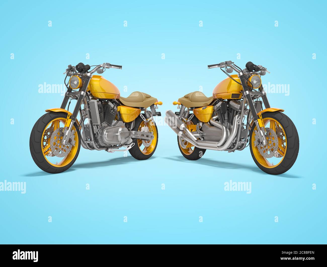 Concept orange two motorcycle front view rear render on blue background ...