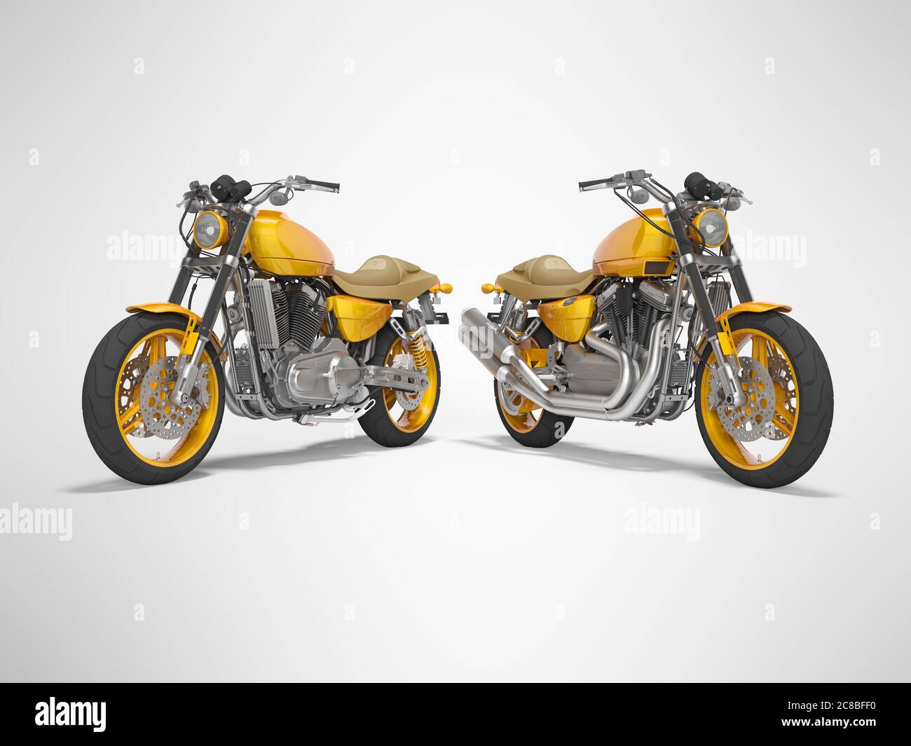 Concept orange two motorcycle front view rear render on gray background ...