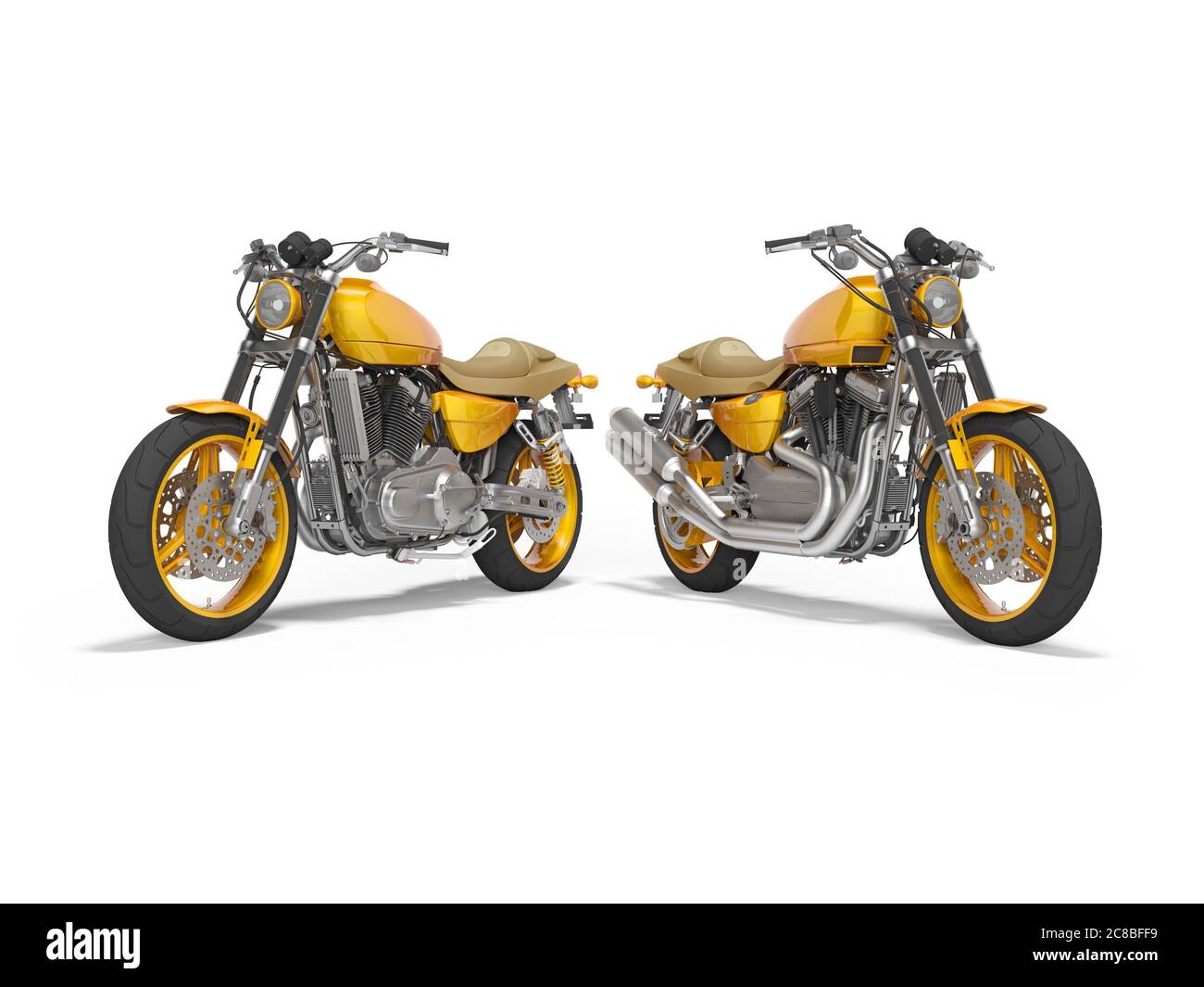 Concept orange two motorcycle front view rear render on white ...