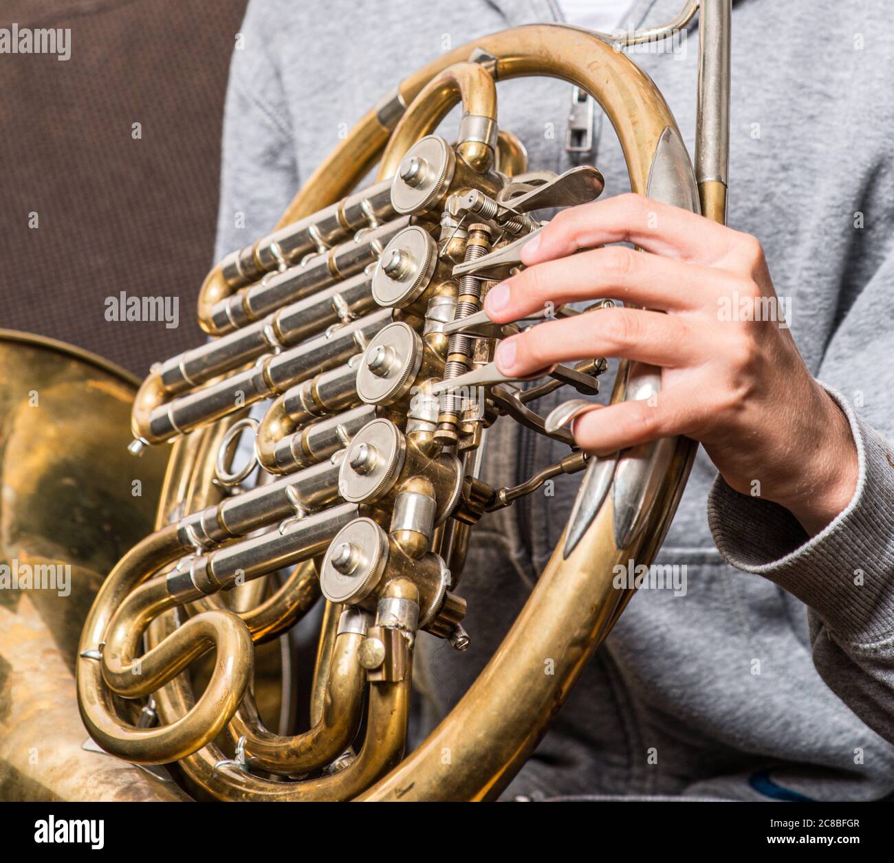 Detail of a hand on a french horn Stock Photo - Alamy