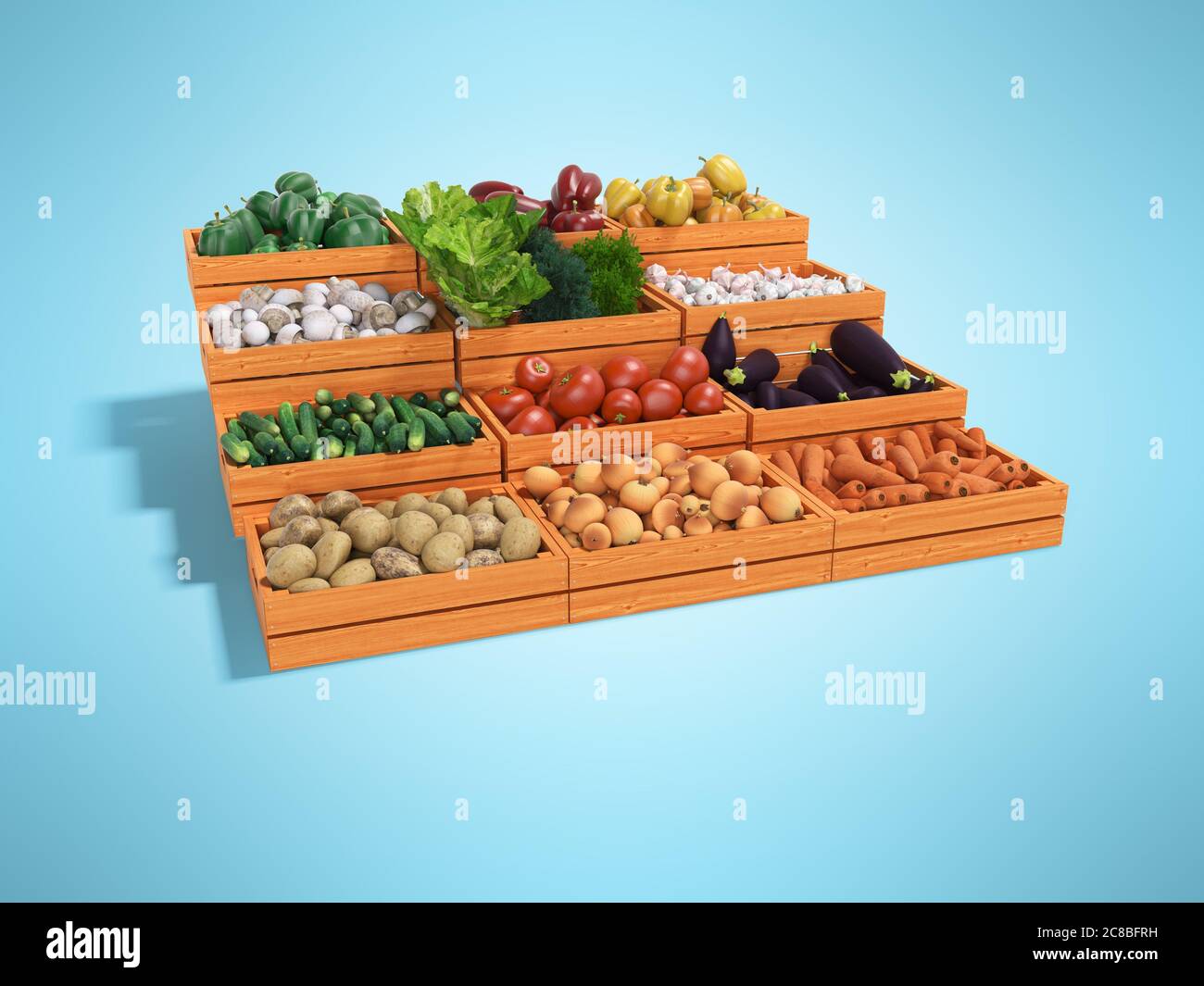 Concept selling set of vegetables in wooden boxes rear render on blue ...