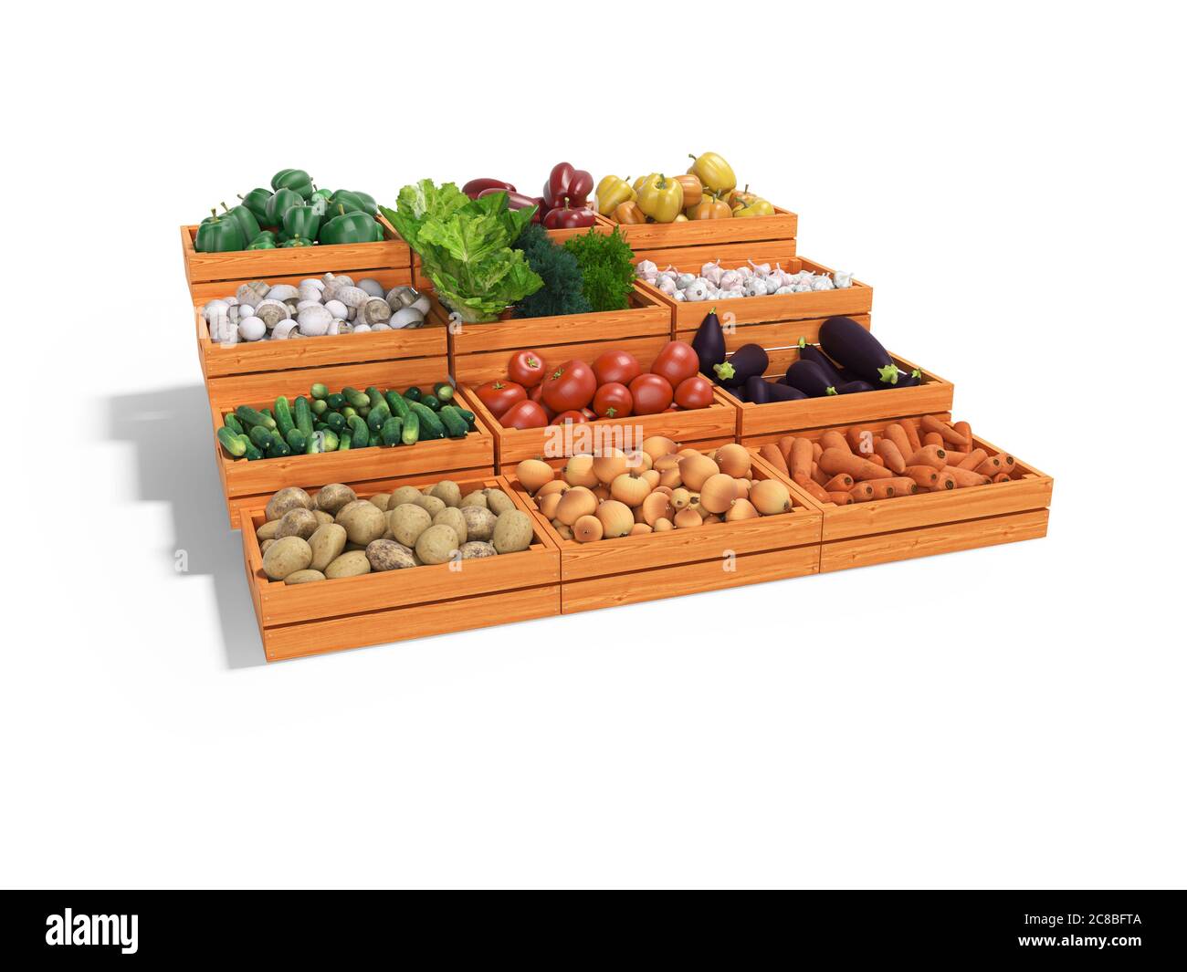 Concept selling set of vegetables in wooden boxes rear render on white ...