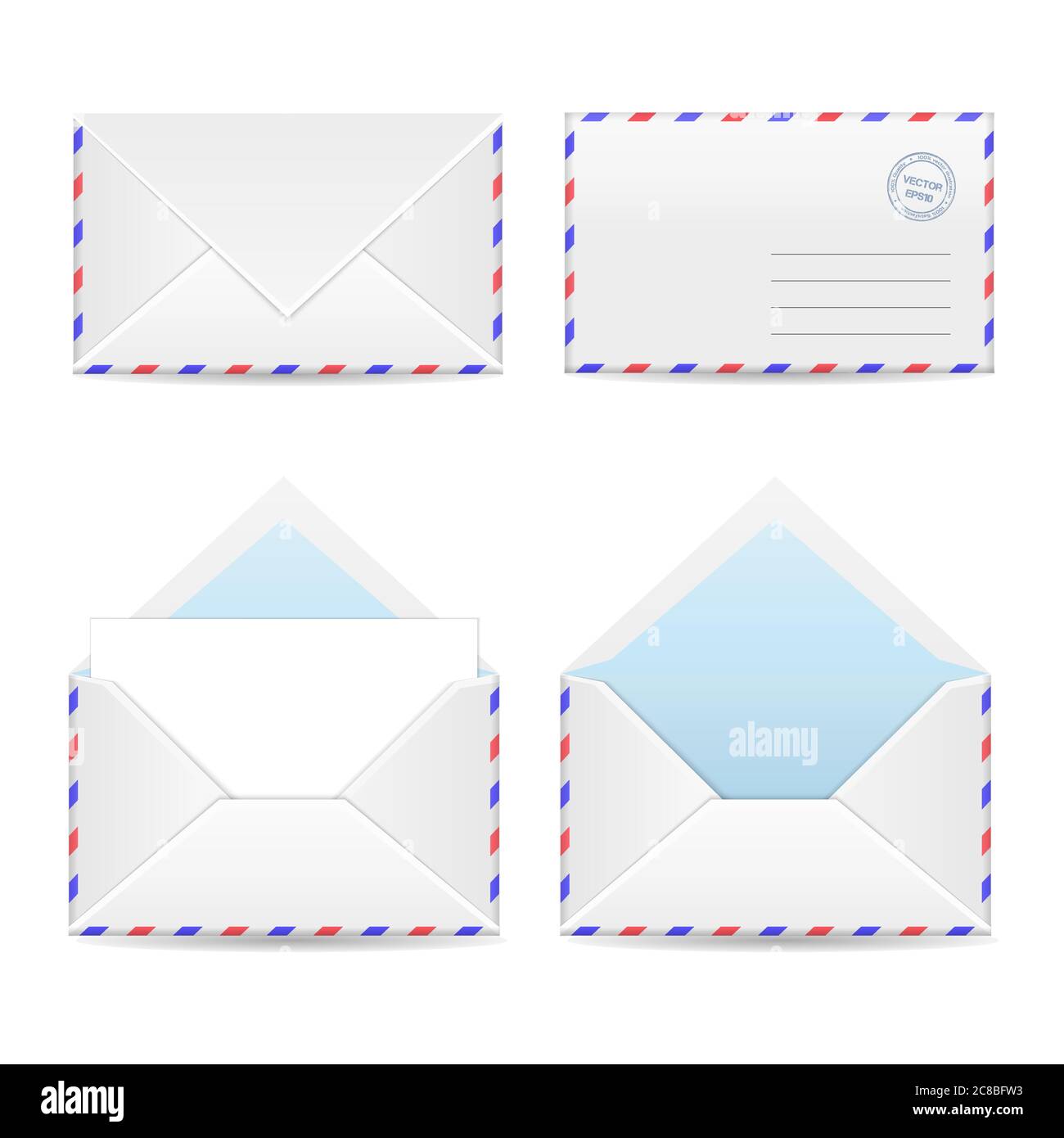 Vector set of four white envelopes. Open and closed. With blank paper ...