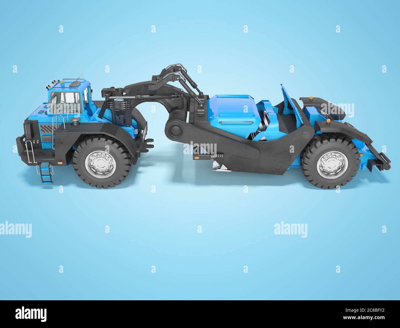 Concept wheeled tractor scraper side view 3d render on blue background ...