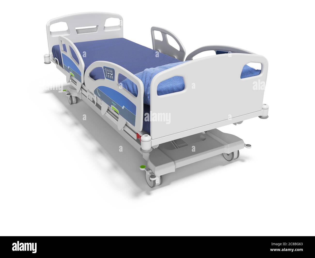 Modern hospital bed with lifting mechanism on the control panel 3d ...