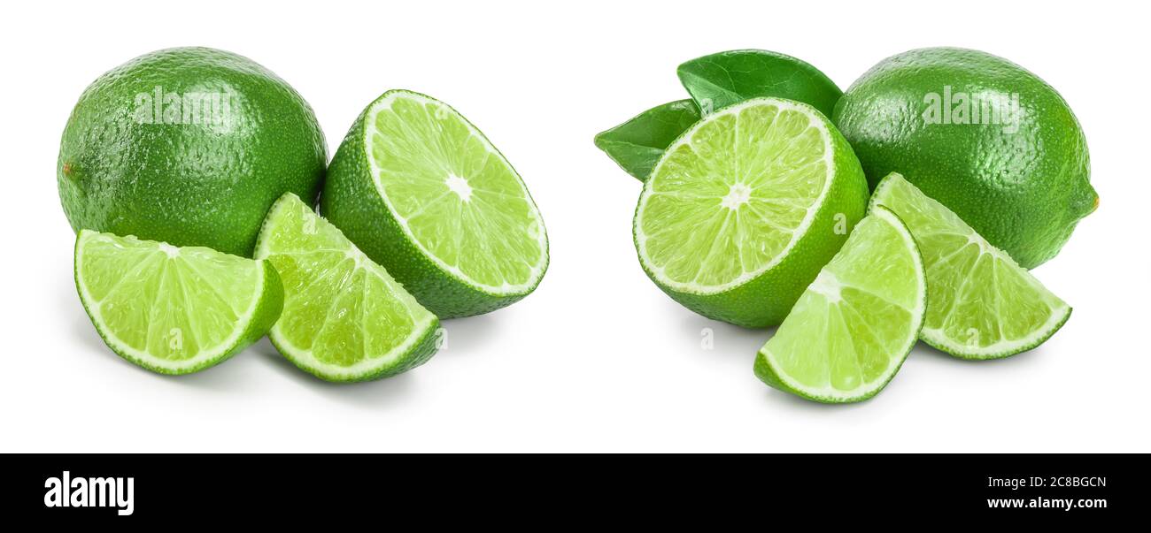 lime with half and leaf isolated on white background. Set or collection ...