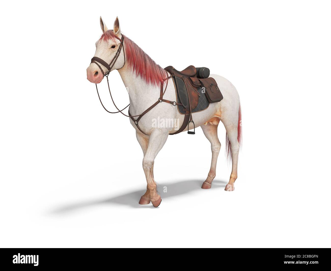 White horse with bridle with red mane and tail 3d render on white ...