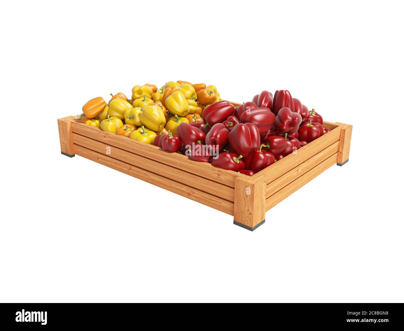 Yellow and red fresh peppers on wooden pallet left view 3d render on ...