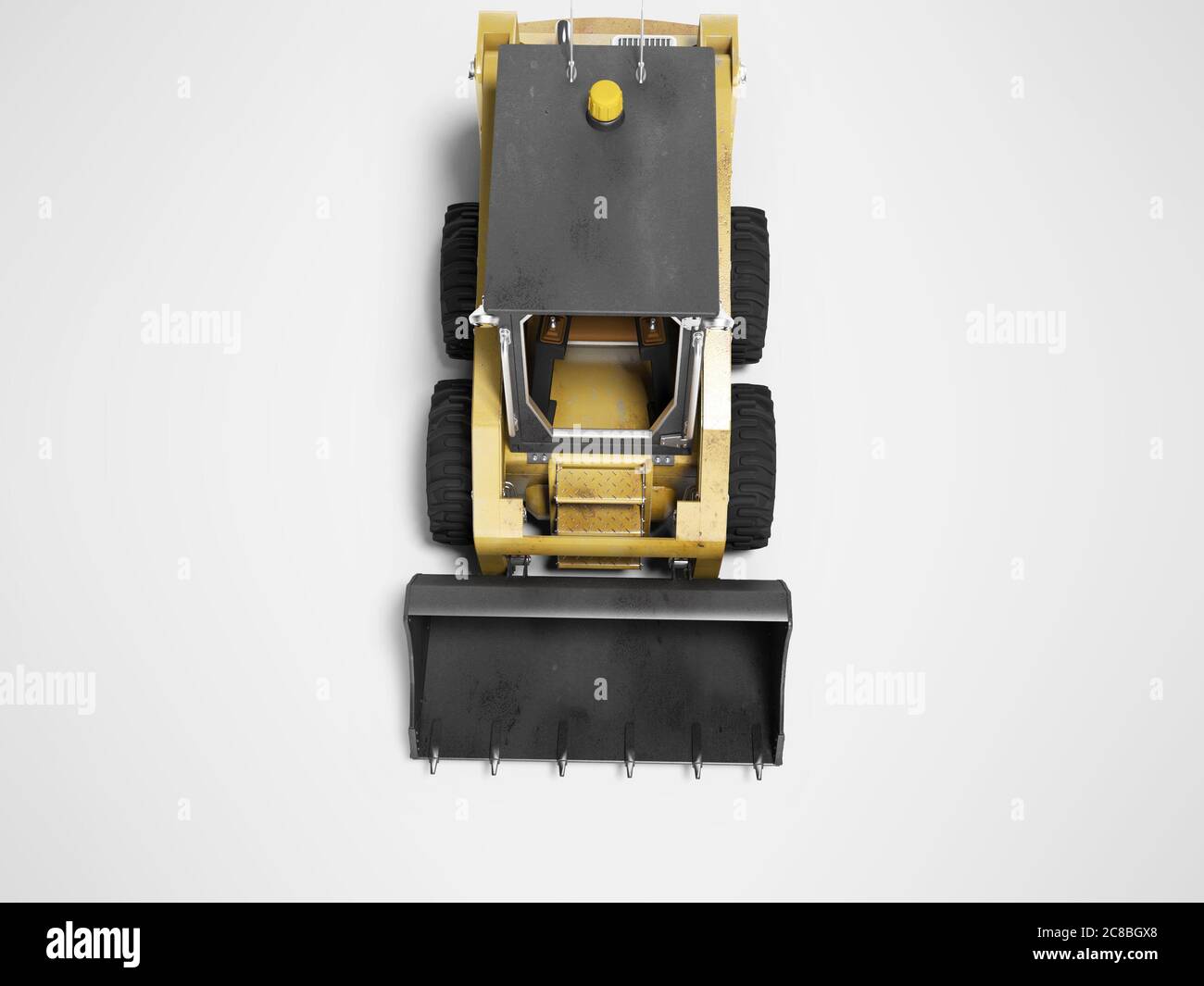Yellow diesel loader with front bucket top view 3d render on gray ...