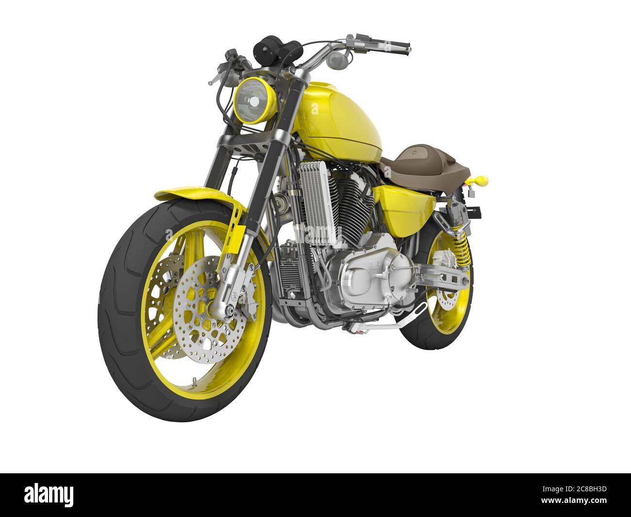 Yellow motorbike on two places front view 3d render on white background ...