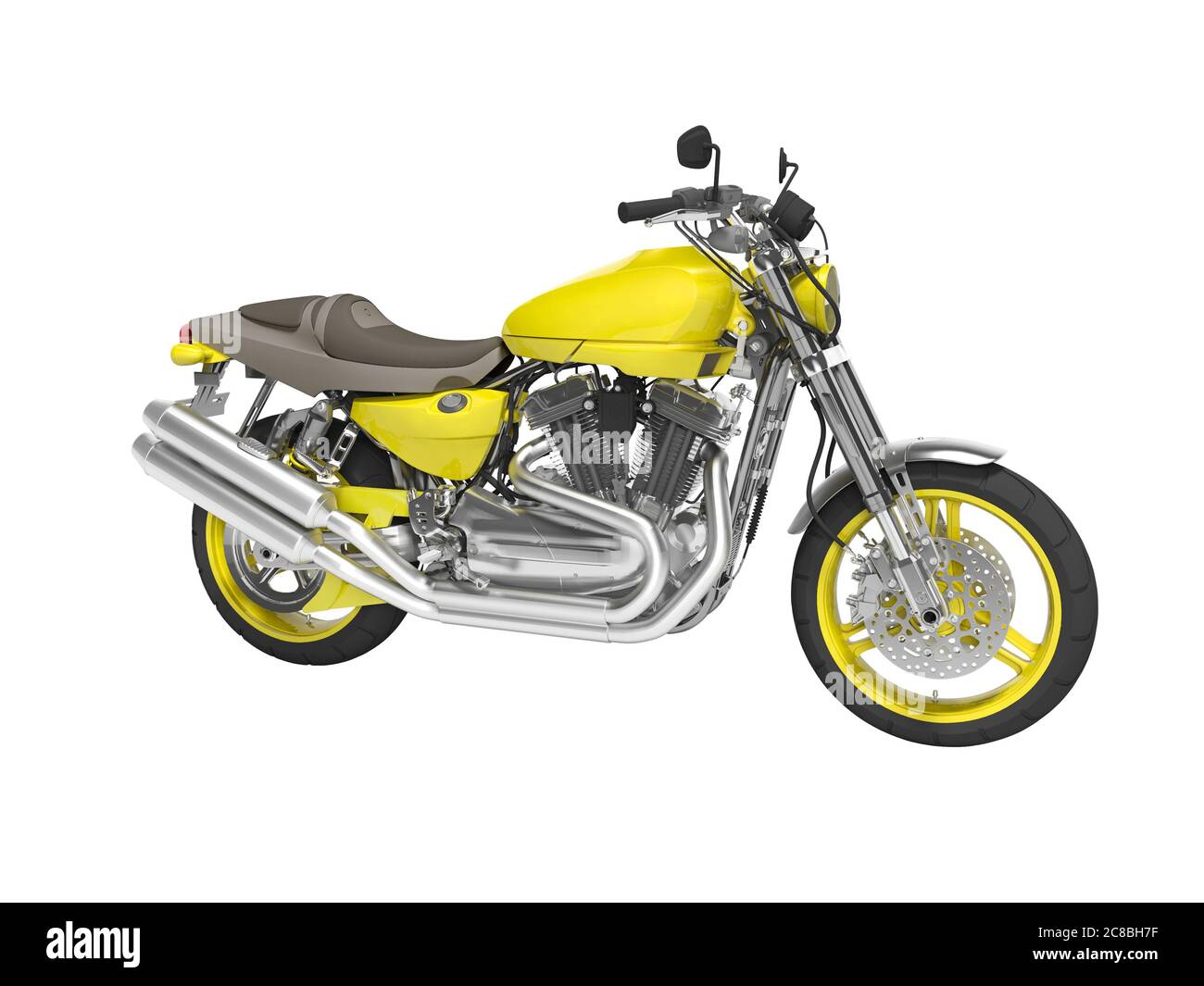 Yellow two seat motorcycle isolated right side view 3d render on white ...