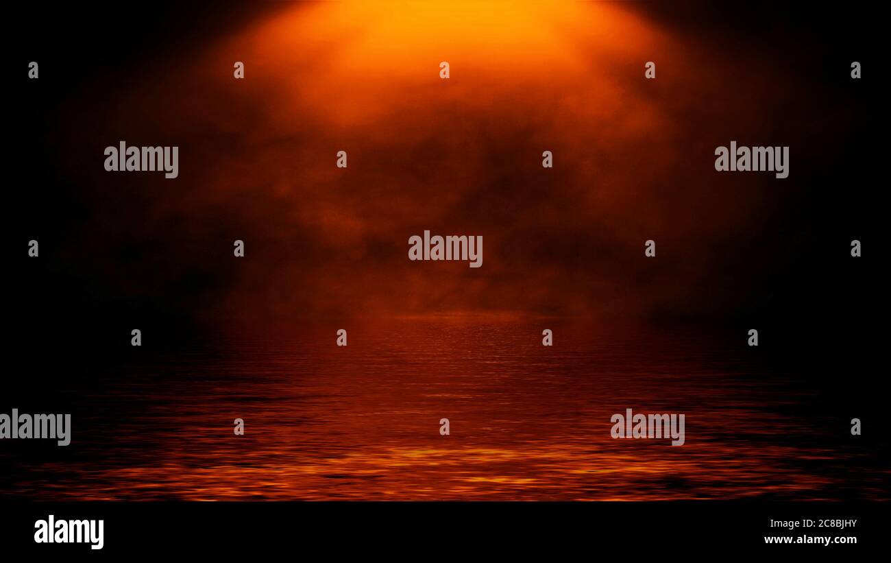 Abstract fire smoke with reflection in water .Lighting spotlighting ...
