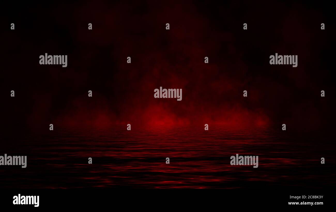 Mistery coastal fog . Red smoke on the shore . Reflection in water ...