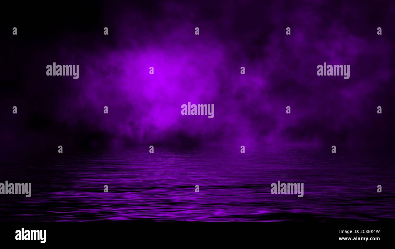 Purple smoke . Misty fog with reflection in water. Isolated on black ...