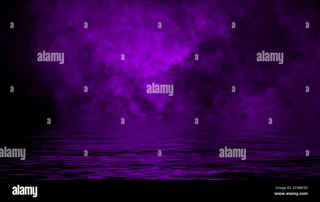 Purple smoke . Misty fog with reflection in water. Isolated on black ...