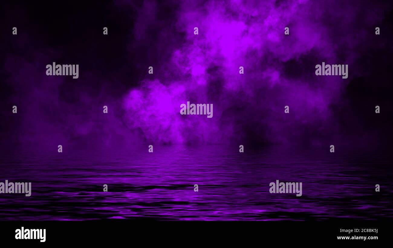 Purple smoke . Misty fog with reflection in water. Isolated on black ...