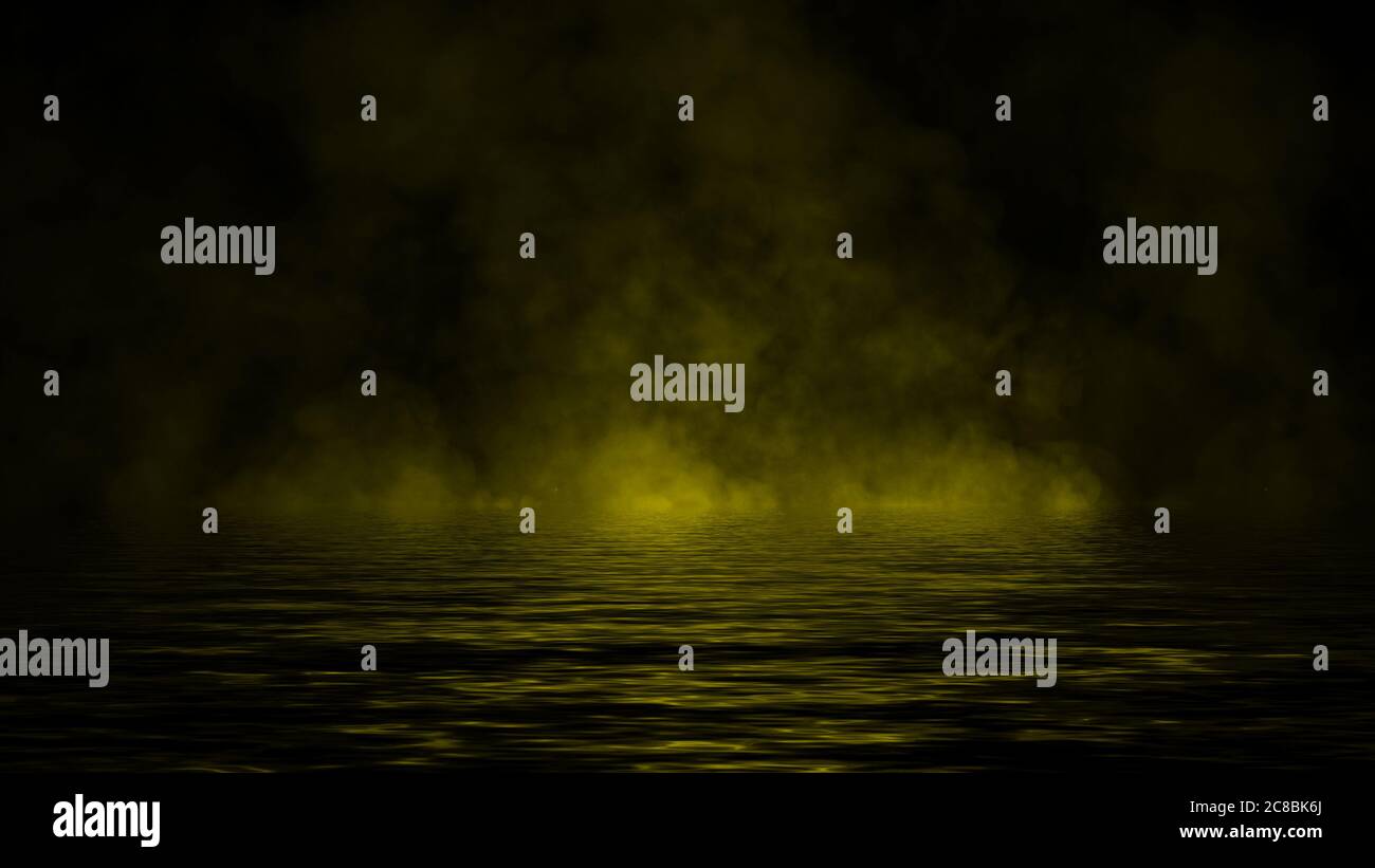 Mistery coastal fog . Yellow smoke on the shore . Reflection in water ...