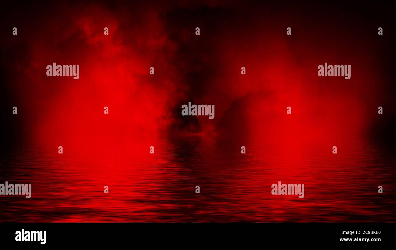 Red spotlight smoke with reflection in water. Mistery fog texture ...