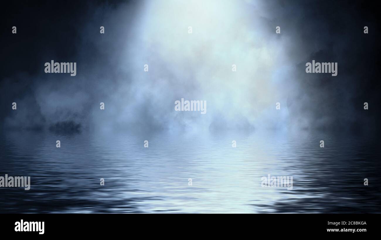 Blue spotlight smoke with reflection in water. Mistery fog texture ...