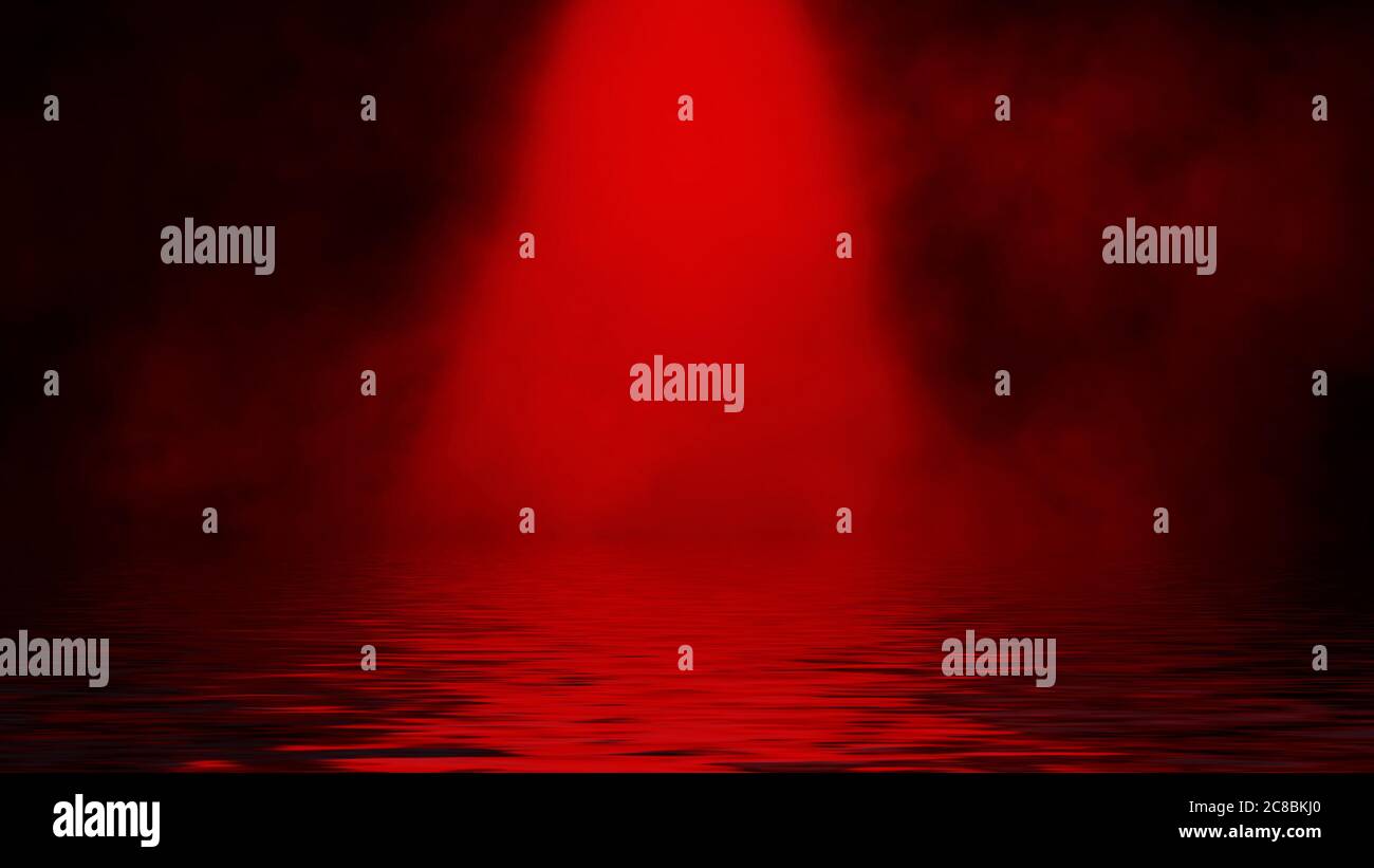 Red smoke spotlight with reflection in water. Mistery fog texture ...