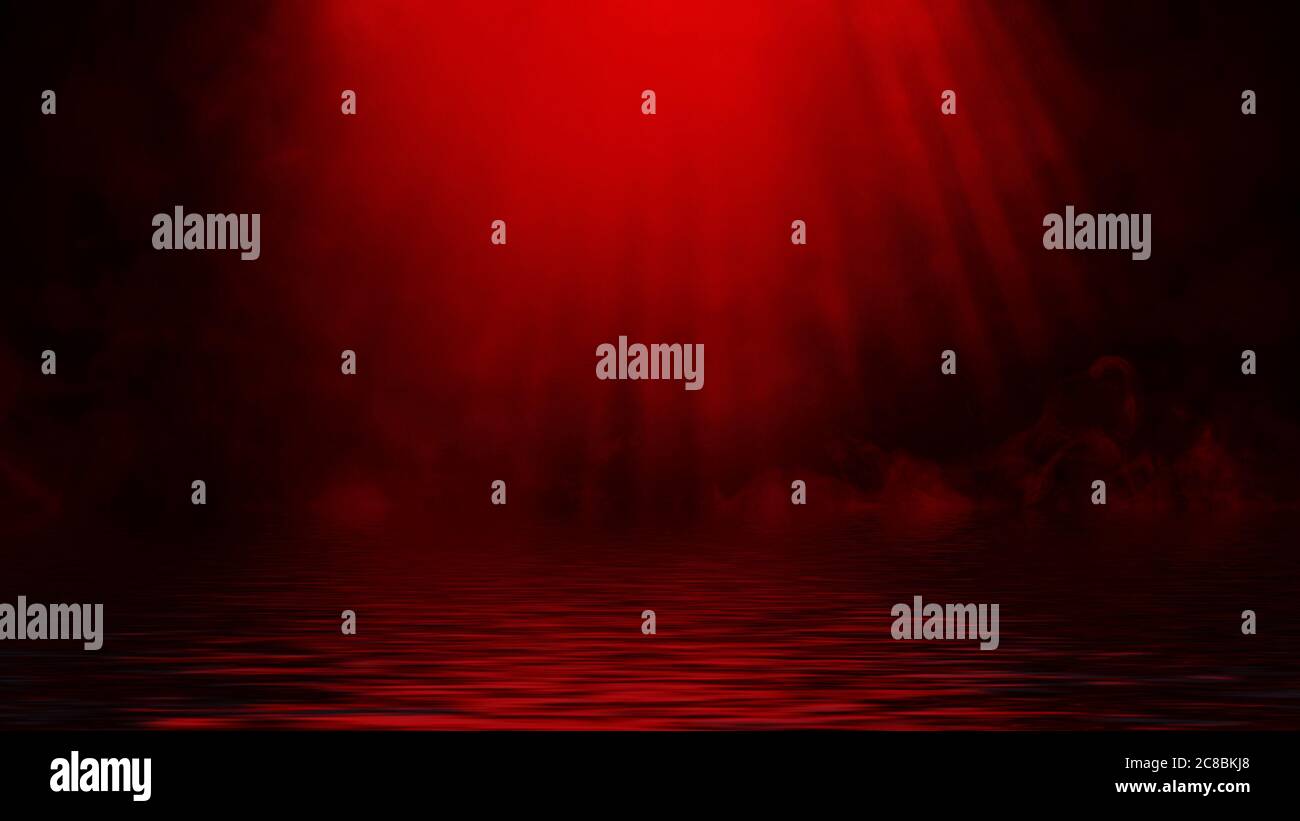 Red smoke spotlight with reflection in water. Mistery fog texture ...