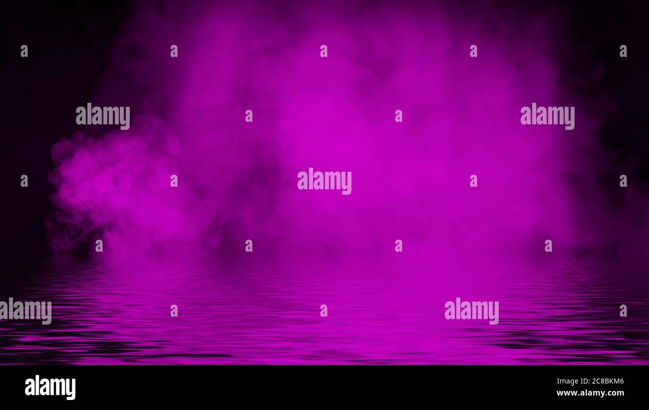 Purple spotlight smoke with reflection in water. Mistery fog texture ...