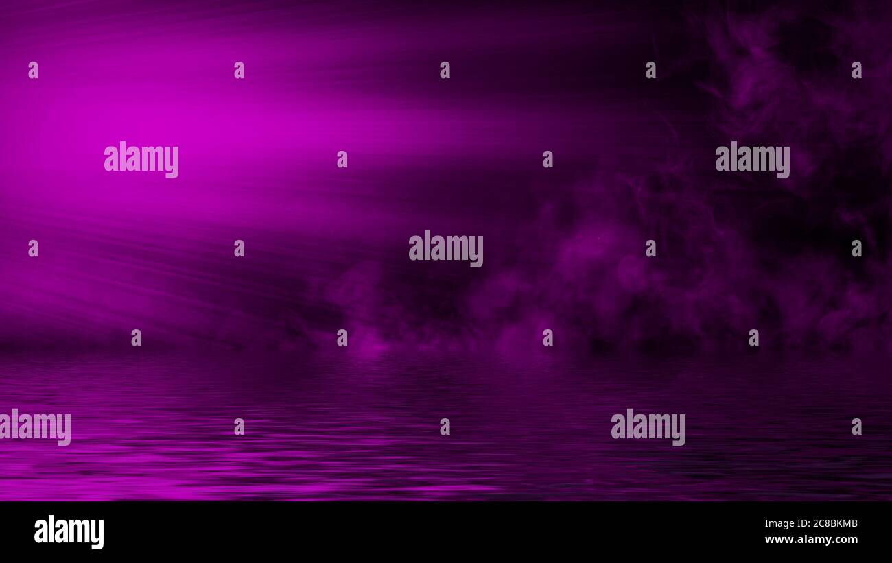 Purple spotlight smoke with reflection in water. Mistery fog texture ...