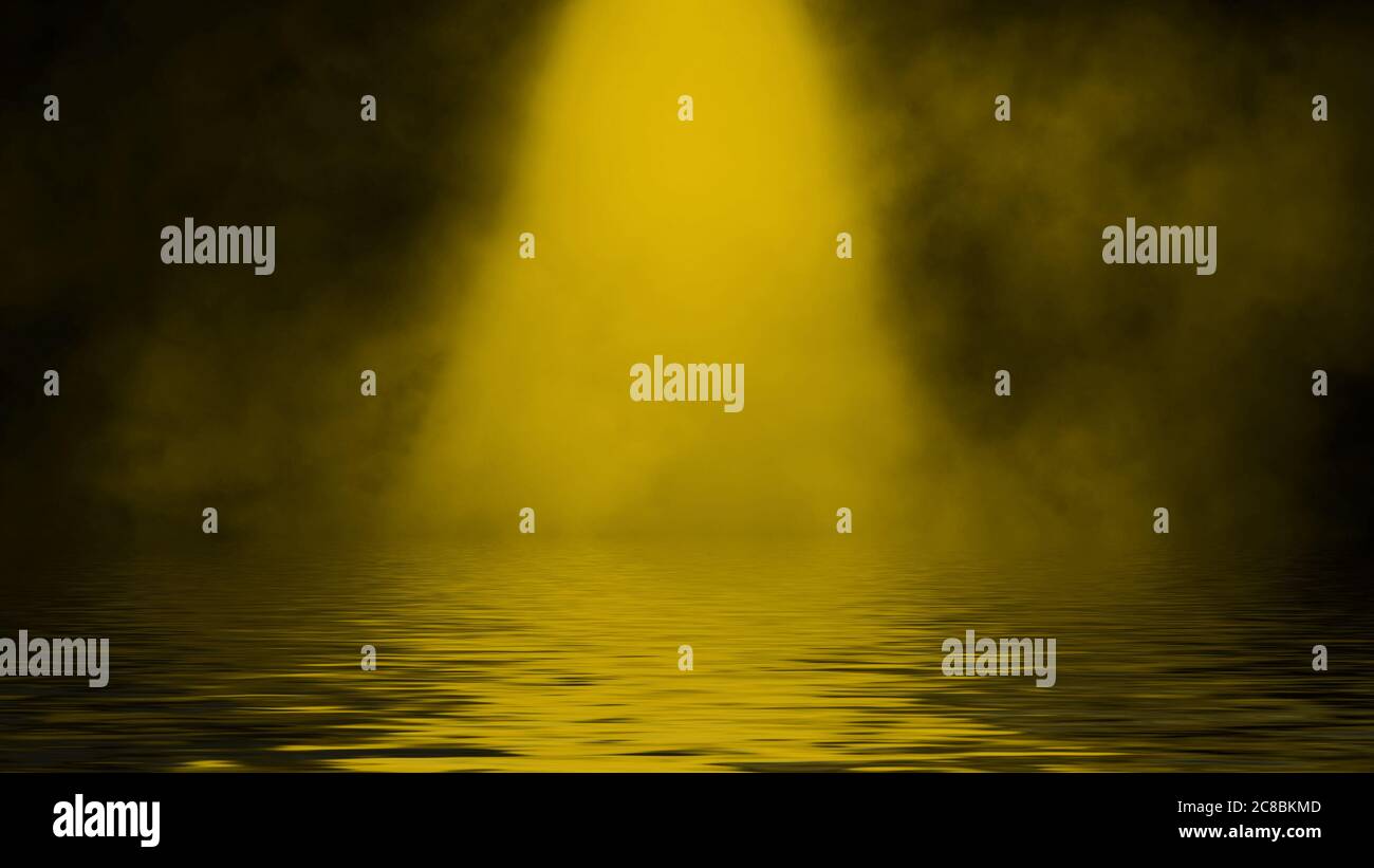 Abstract yellow smoke with reflection in water .Lighting spotlighting ...