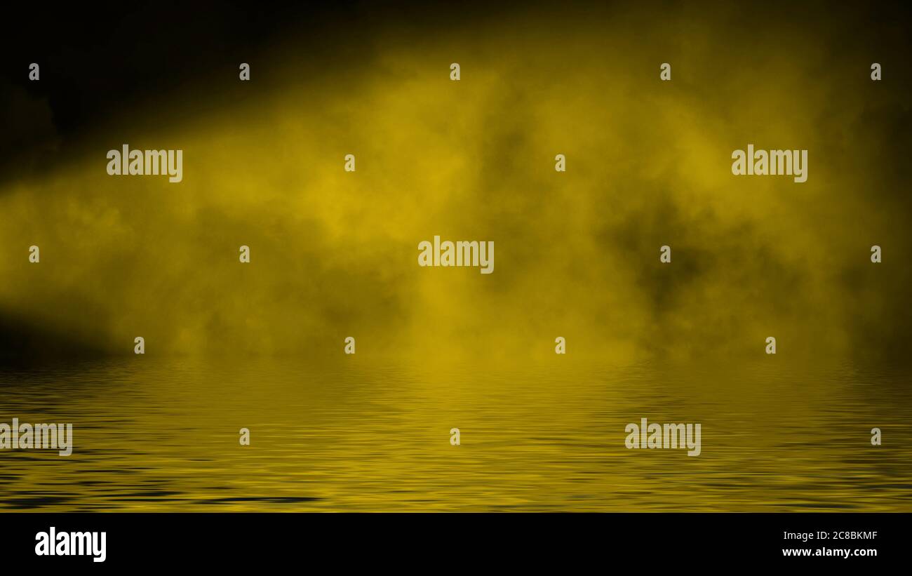 Abstract yellow smoke with reflection in water .Lighting spotlighting ...