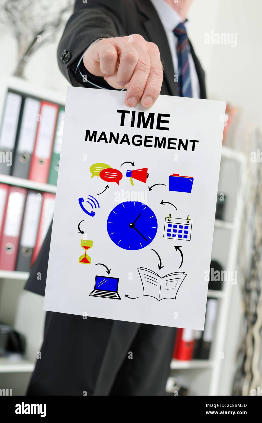 Paper showing time management concept held by a businessman Stock Photo ...