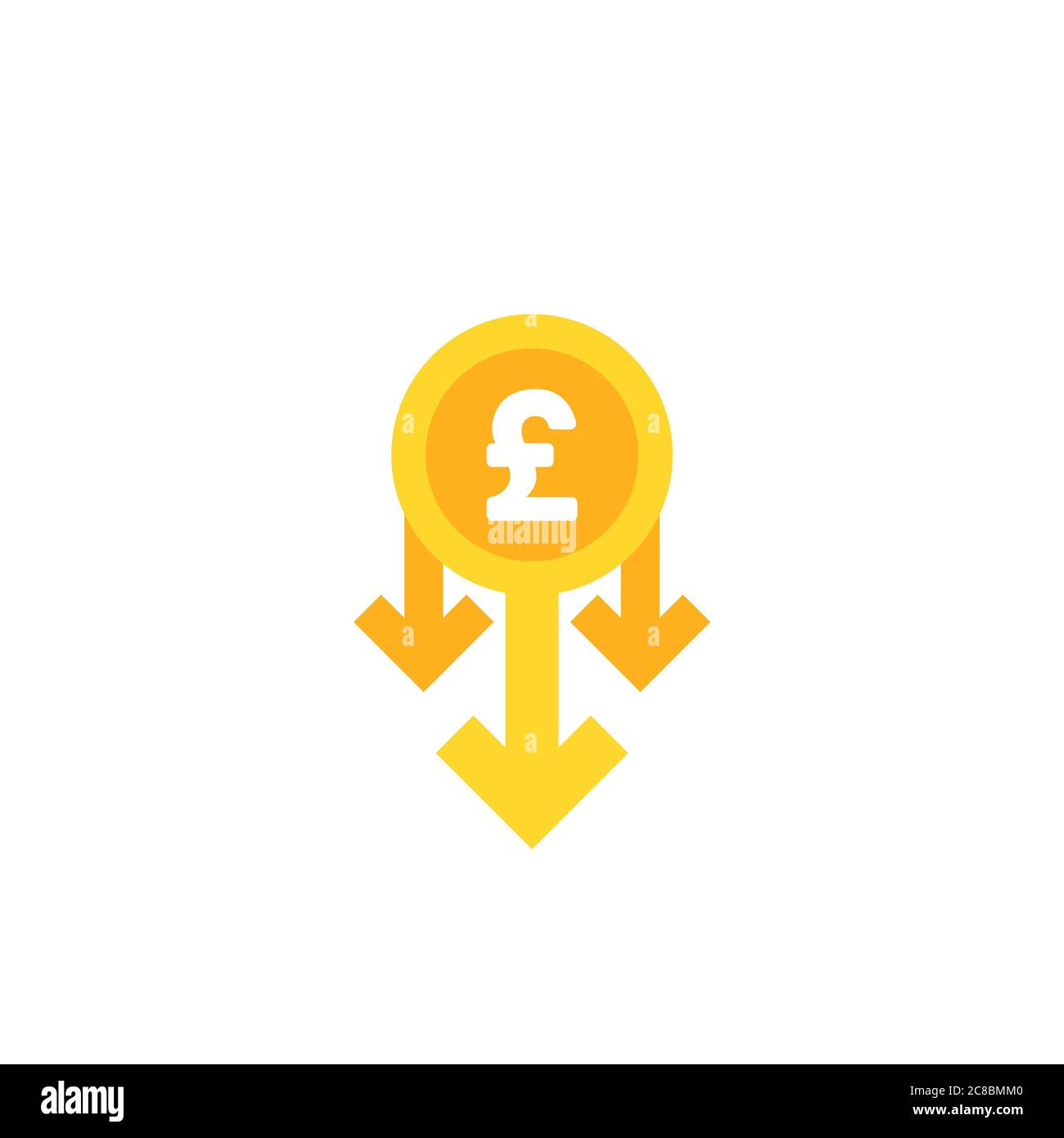 golden pound sterling coin and down arrows. Flat vector icon isolated ...