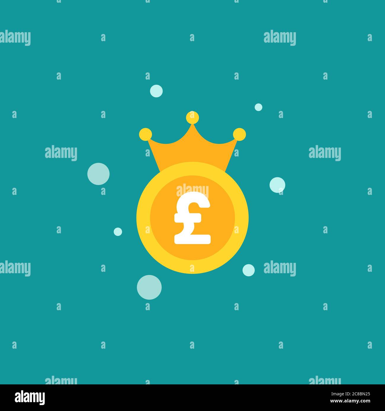 Gold pound sterling coin with royal crown. Flat icon isolated on blue ...