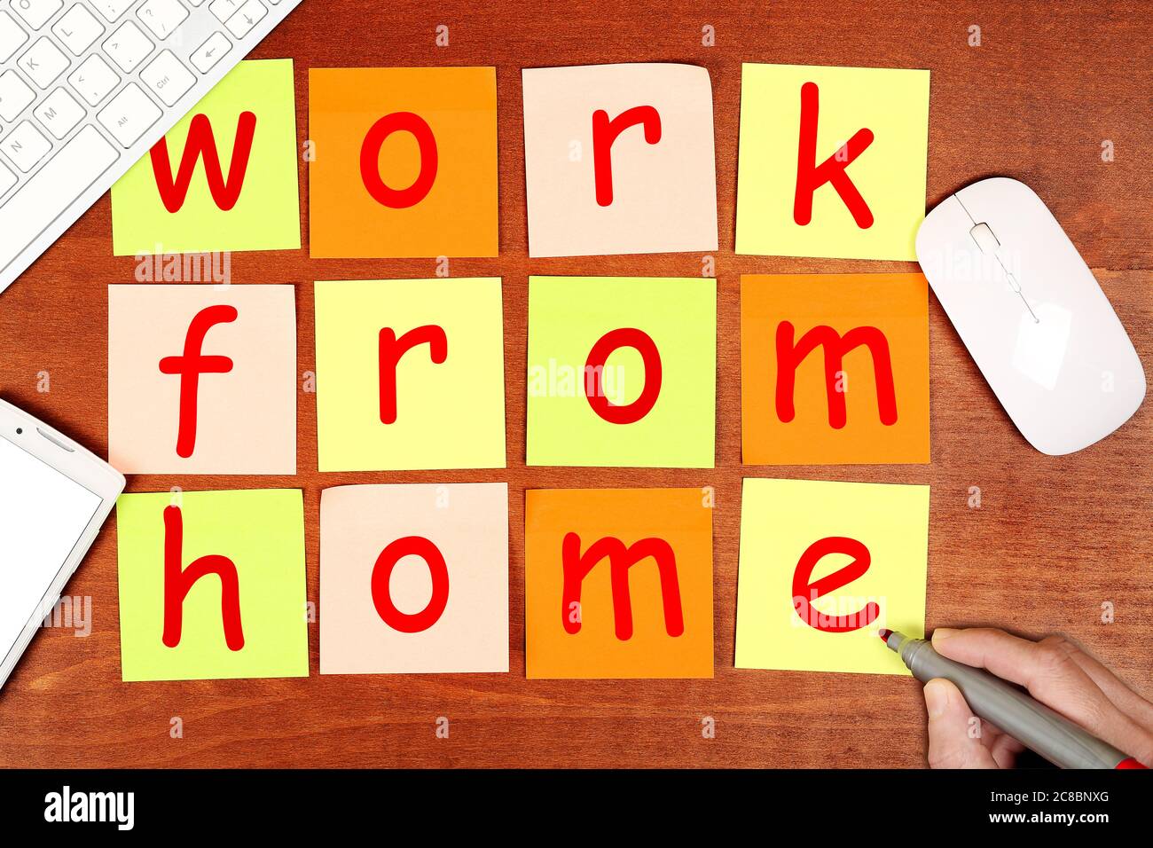 hand writing work from home on adhesive notes, top view of modern desk ...