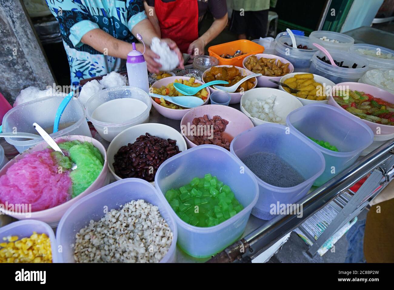 Close up colorful sweet toppings prepared for Thai style shaved ice ...