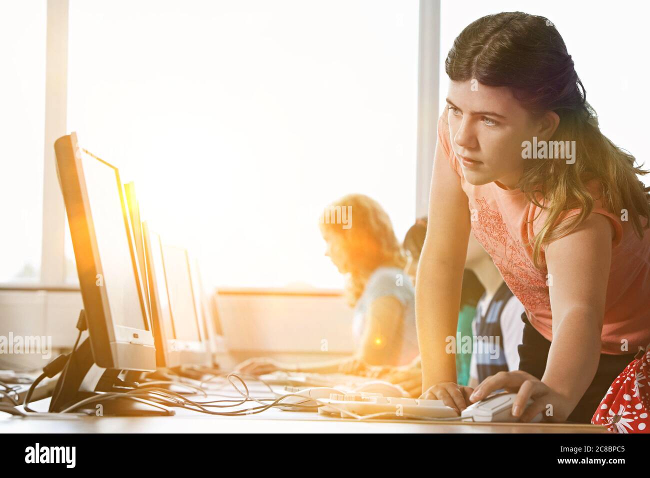 Girl using computer at school Stock Photo - Alamy