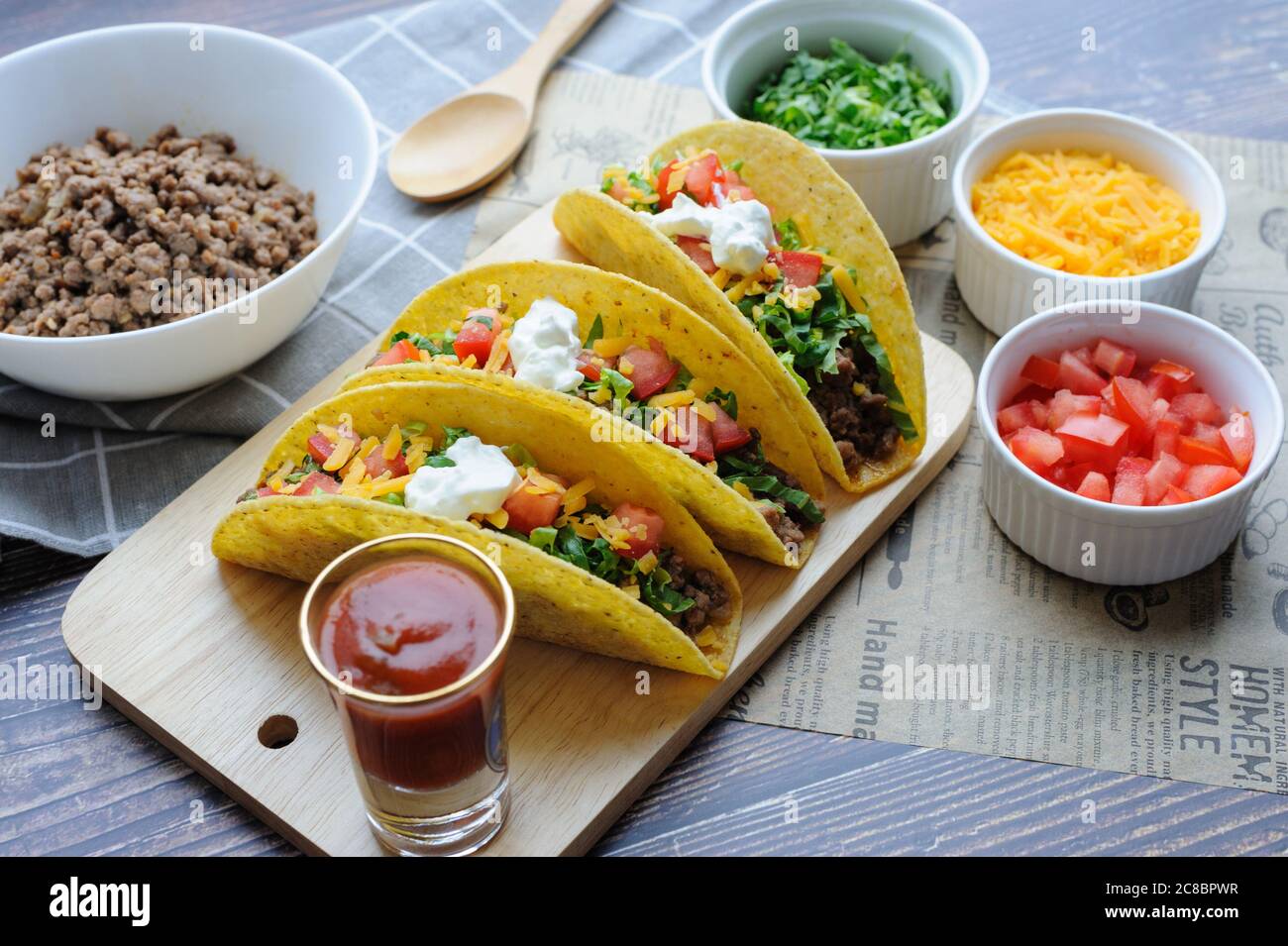 Hard shell Beef Taco with ingredients. Maxican tacos with grounded beef ...