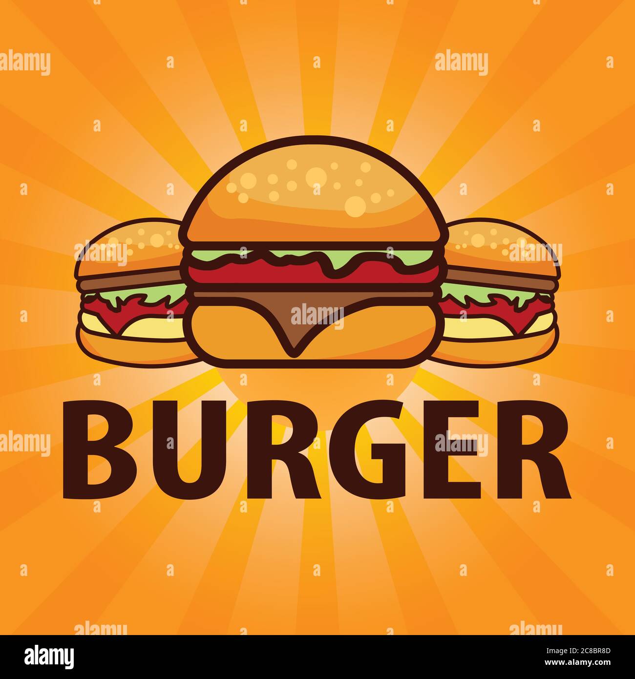 Burger fast food meal advertising poster with rays and lettering ...